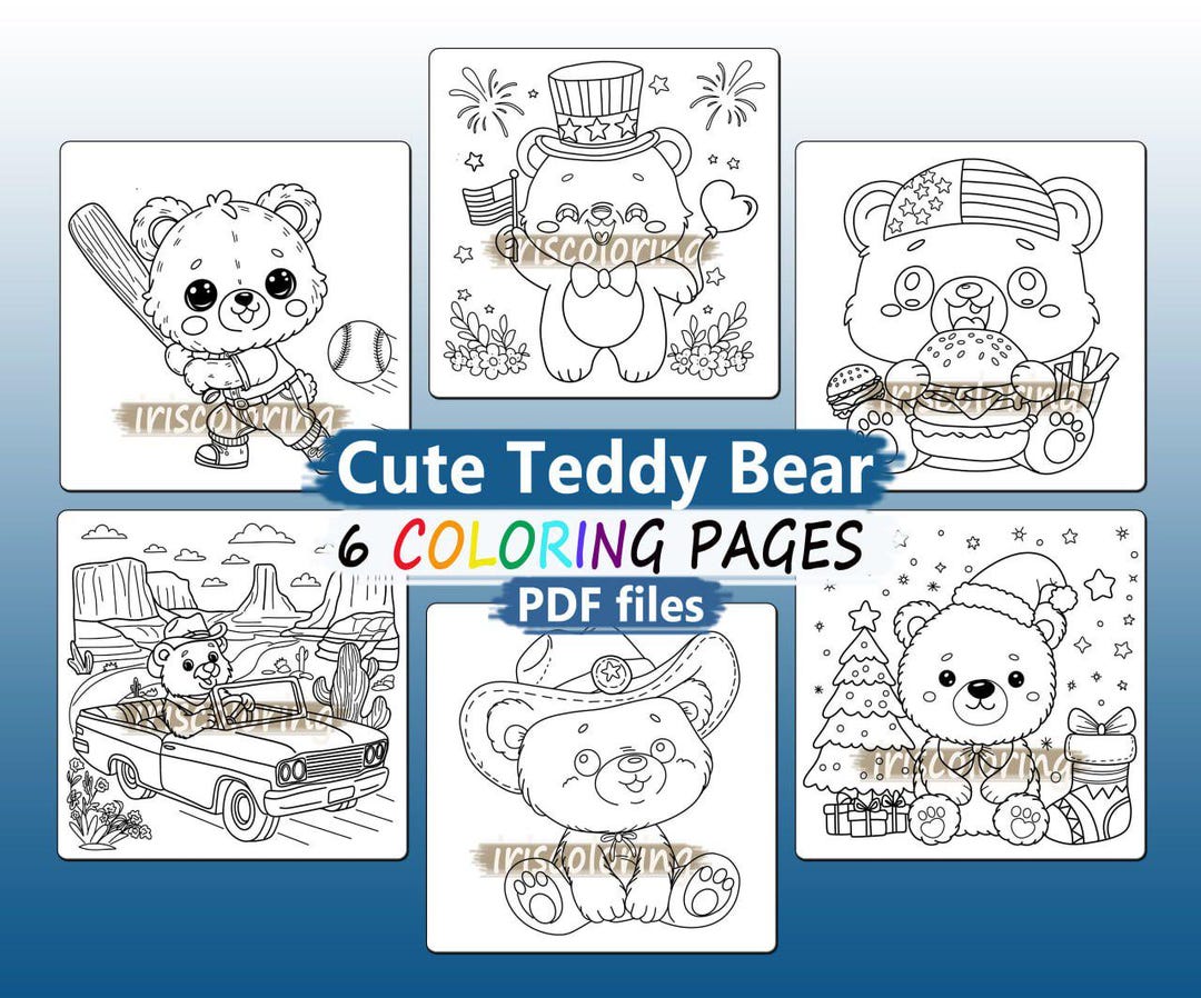 6 Cutie Bears Coloring Pages for Kids and Adults, Cute Teddy Bears ...