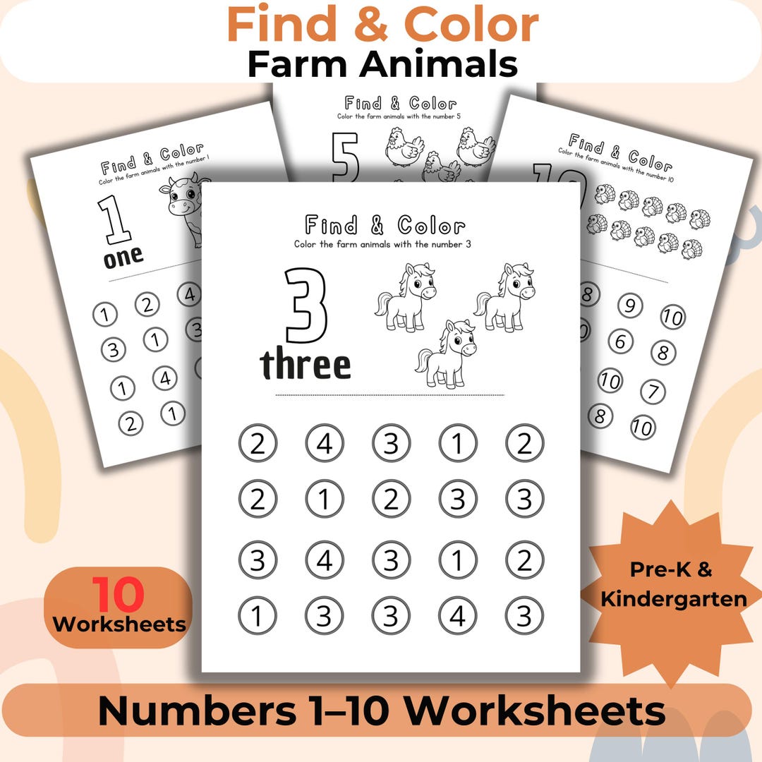 Find and Color Farm Worksheets 1-10/ Preschool Number Recognition ...