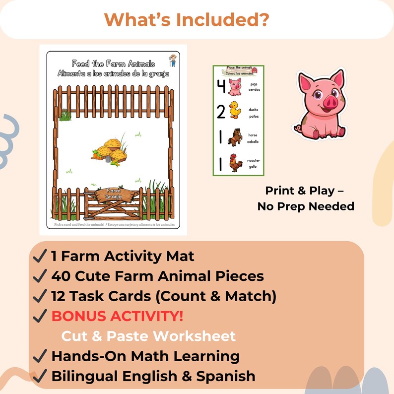 Farm Counting Math Activity for Preschool/ Bilingual(english, Spanish ...