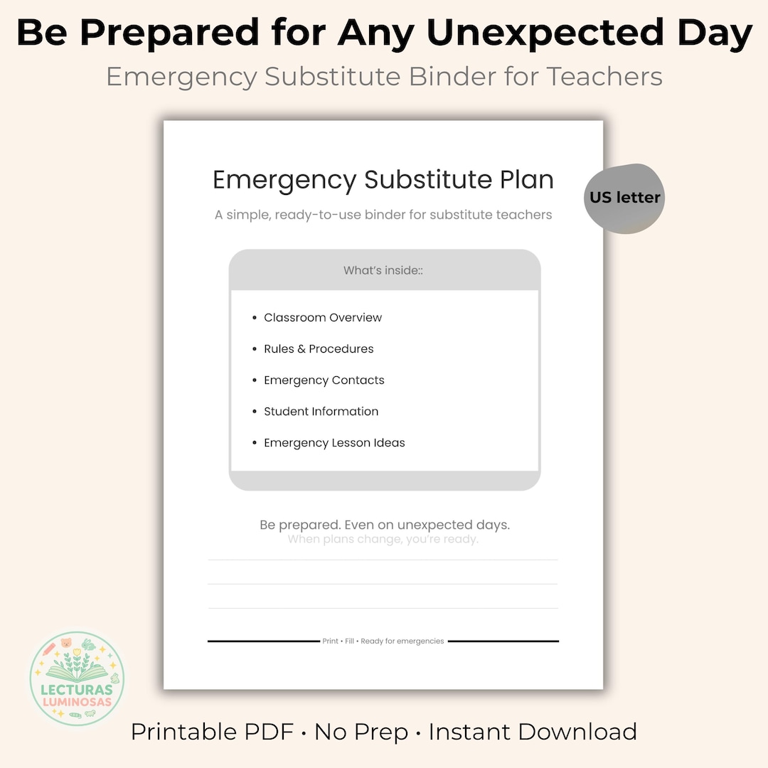 Emergency Substitute Plan Binder Printable| No Prep Substitute Binder ...