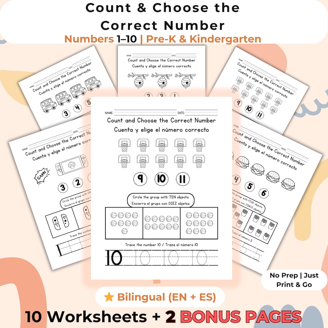Bilingual Counting Worksheets 1-10 | Count and Choose Number | Pre K ...