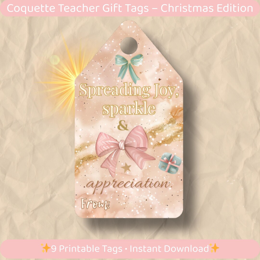 Coquette Christmas Teacher Gift Tags Printable – Pastel Pink Bow Gift ...