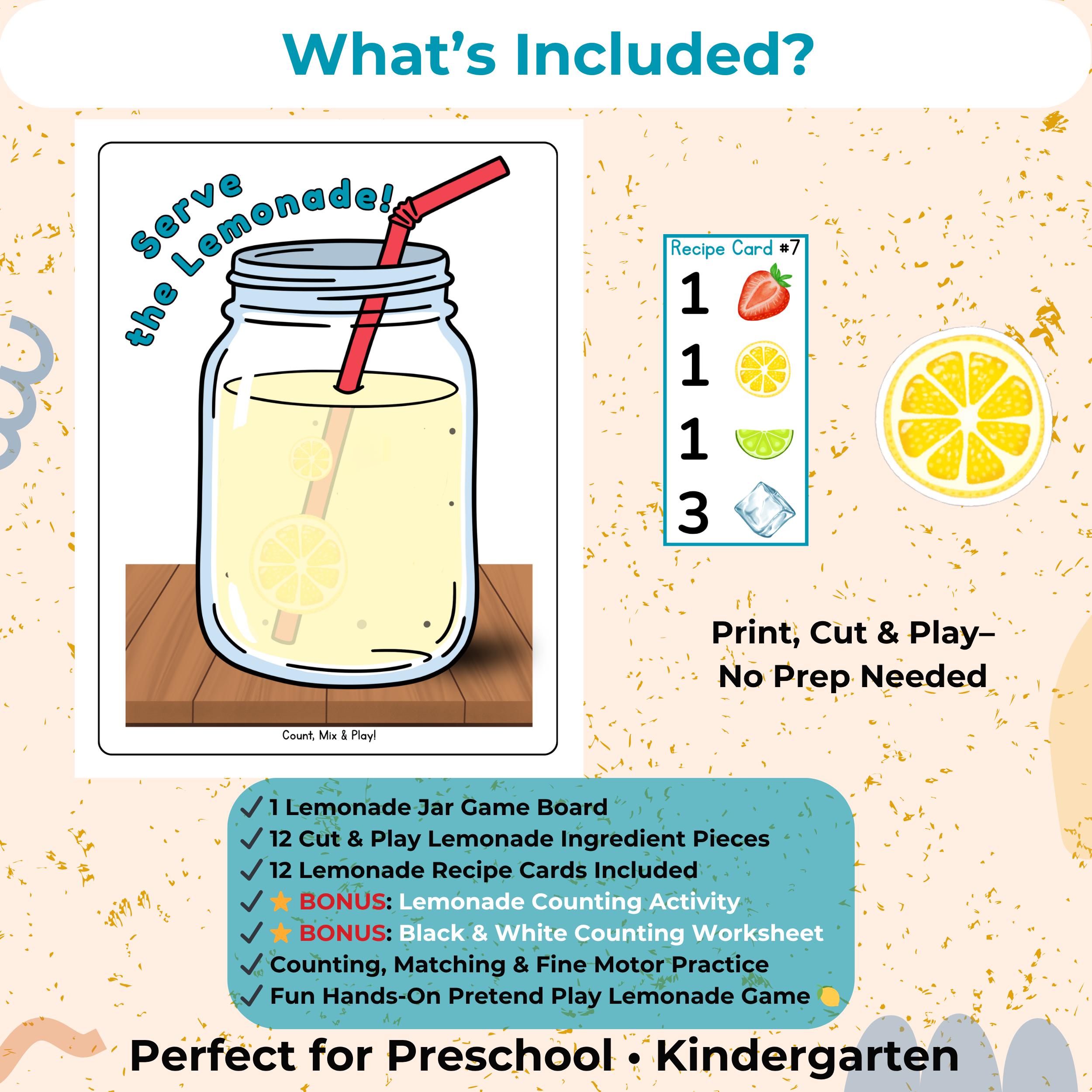 Lemonade Pretend Play Math Game Printable/ Preschool Counting Activity ...