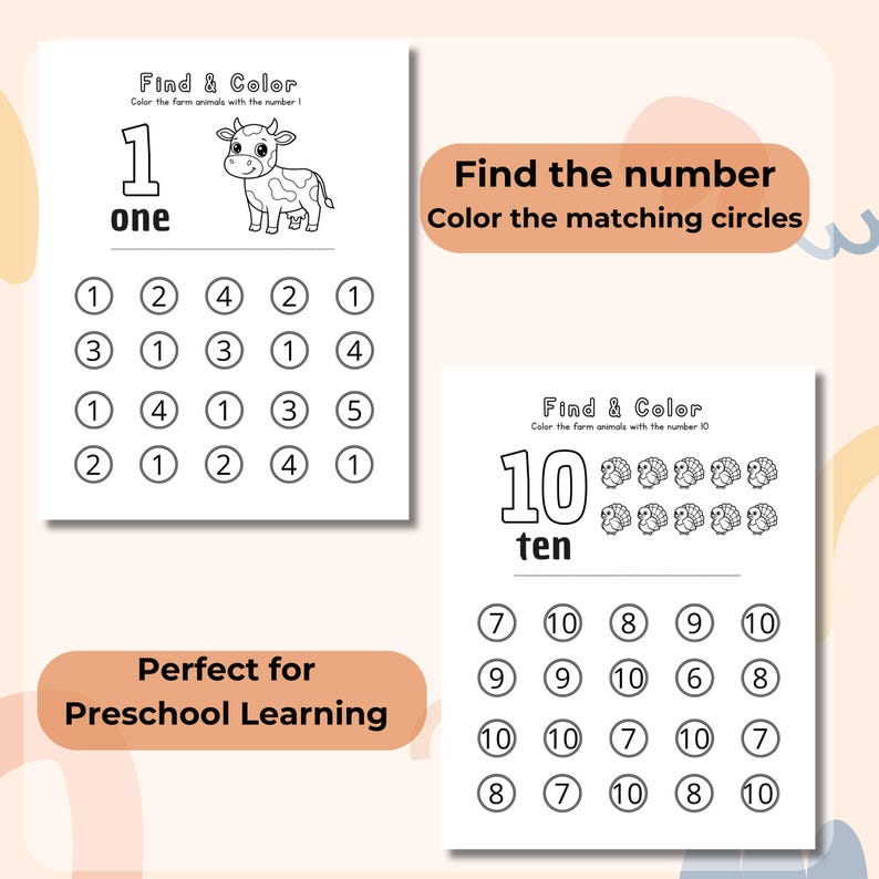 Find and Color Farm Worksheets 1-10/ Preschool Number Recognition ...