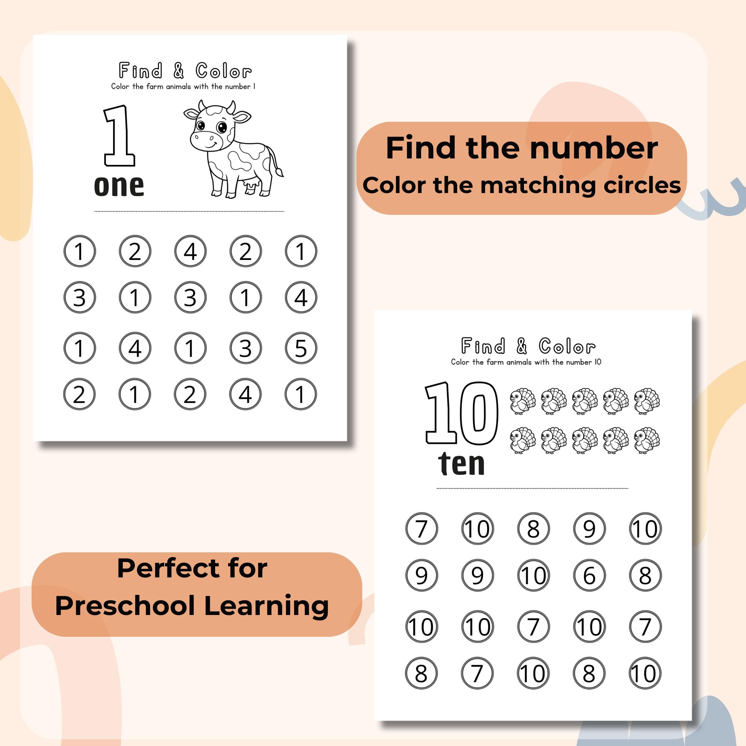 Find and Color Farm Worksheets 1-10/ Preschool Number Recognition ...