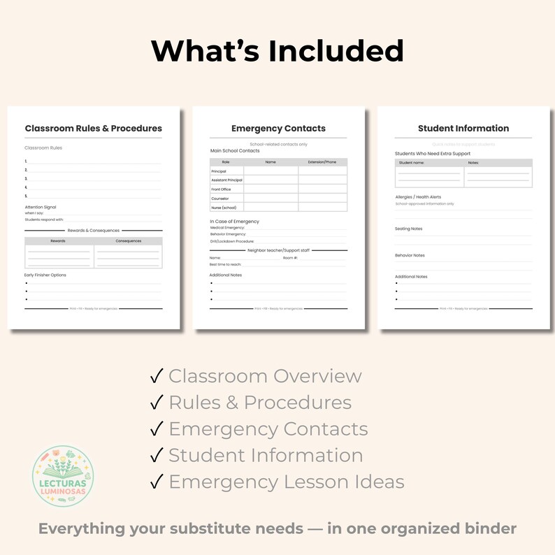 Emergency Substitute Plan Binder Printable| No Prep Substitute Binder ...