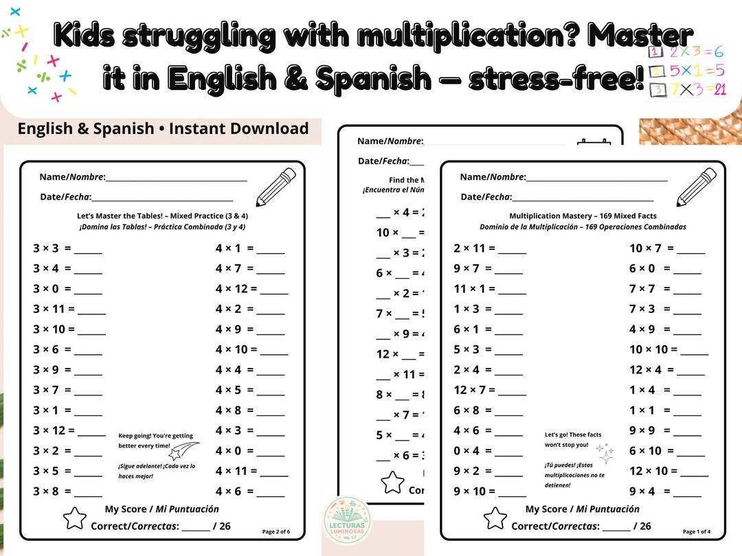 Bilingual Multiplication Worksheets PDF – 13 Printable Pages | Times ...