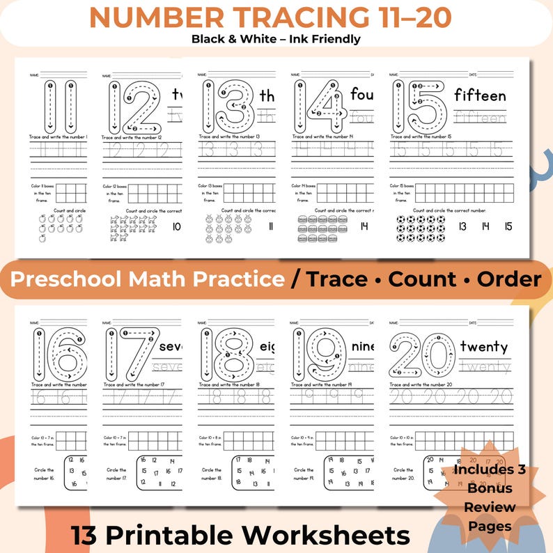 Number Tracing Worksheets 11-20 Printable | Count, Match, Trace & Color ...