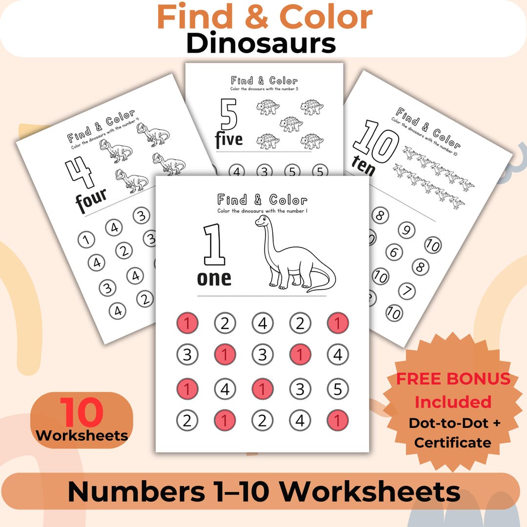 Find and Color Dinosaurs Worksheets 1-10/ Preschool Number Recognition ...