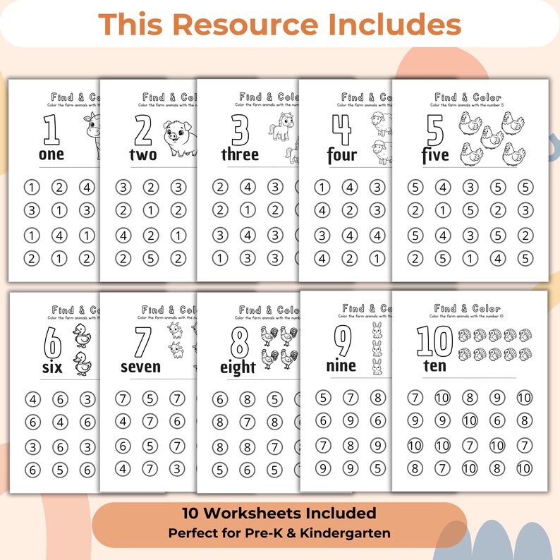 Find and Color Farm Worksheets 1-10/ Preschool Number Recognition ...