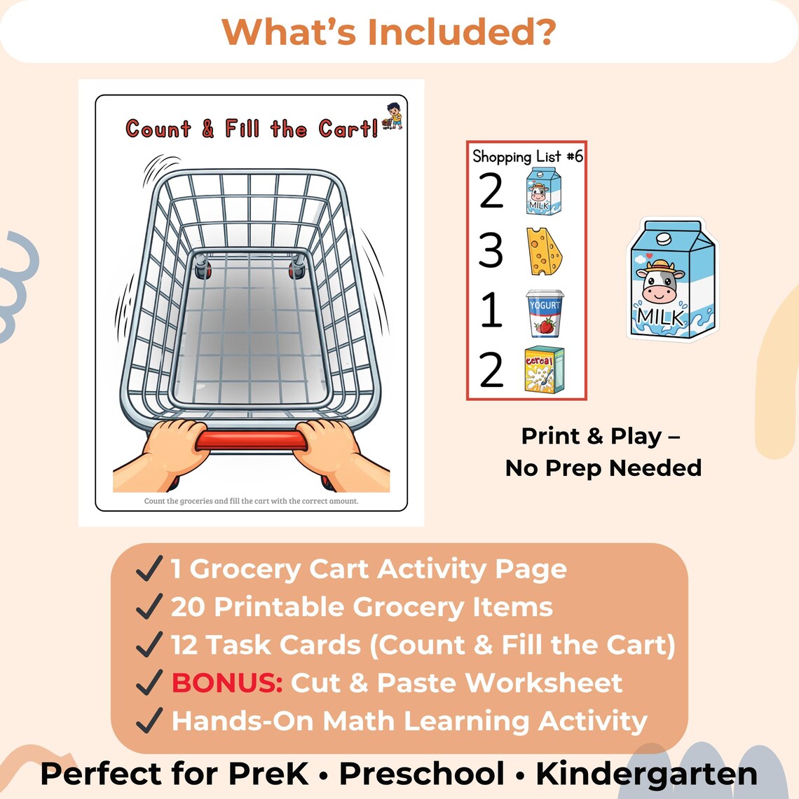 Grocery Math Game Printable/ Shopping List Counting Activity/ Preschool ...