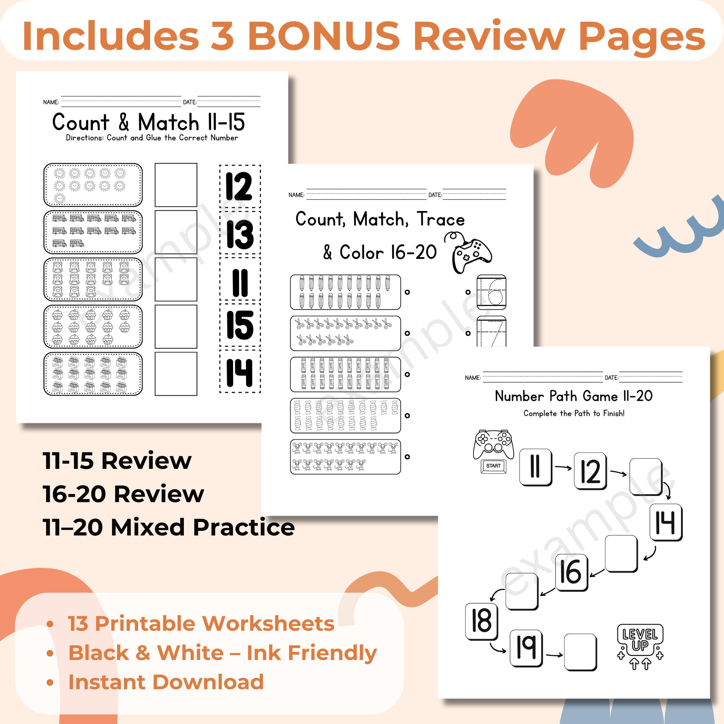 Number Tracing Worksheets 11-20 Printable | Count, Match, Trace & Color ...