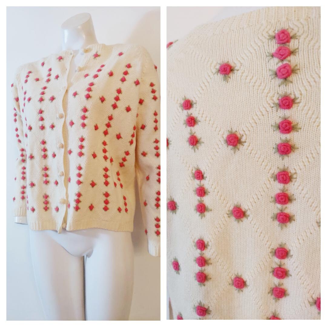 Vintage 50s 60s Pink Rose Cardigan / 50s Pinup Sweater / Foxridge Wool ...