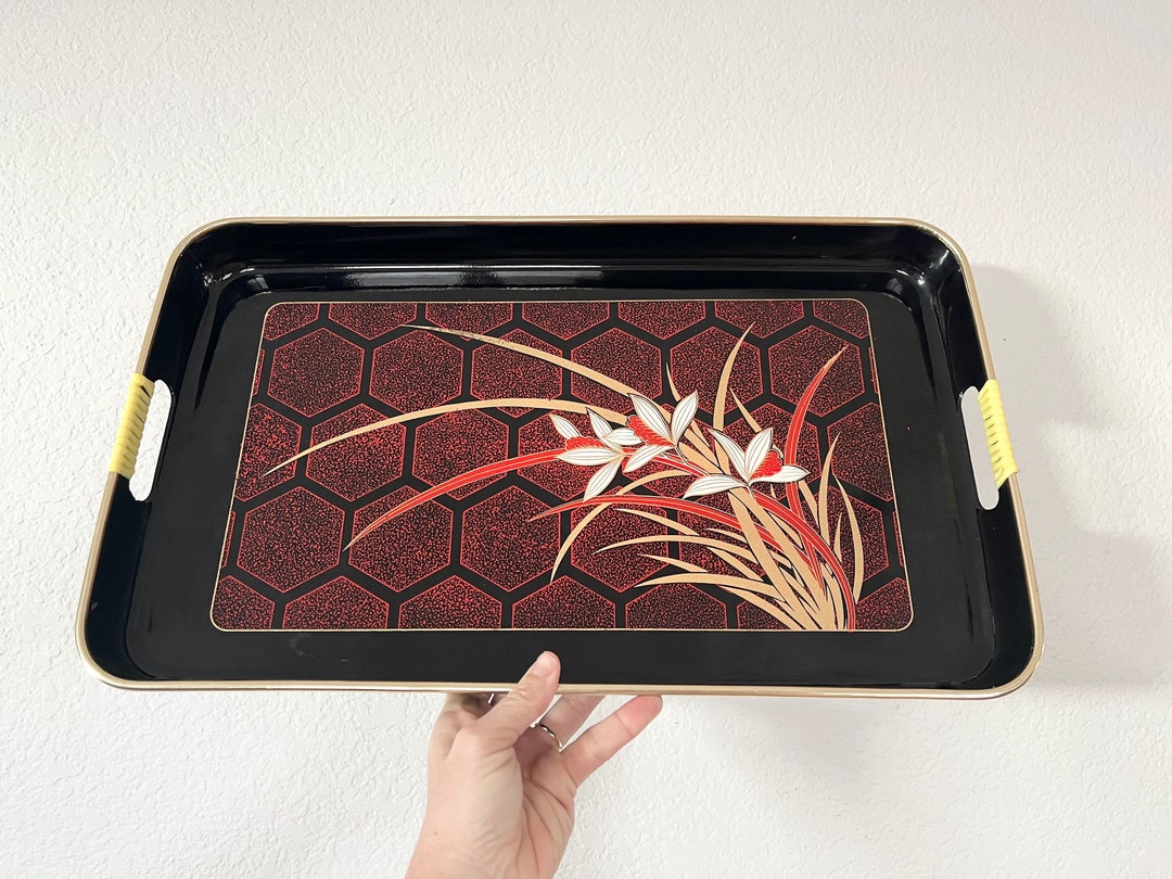 Vintage Lacquerware Tray / Japanese Serving Tray / Black Floral Tea ...