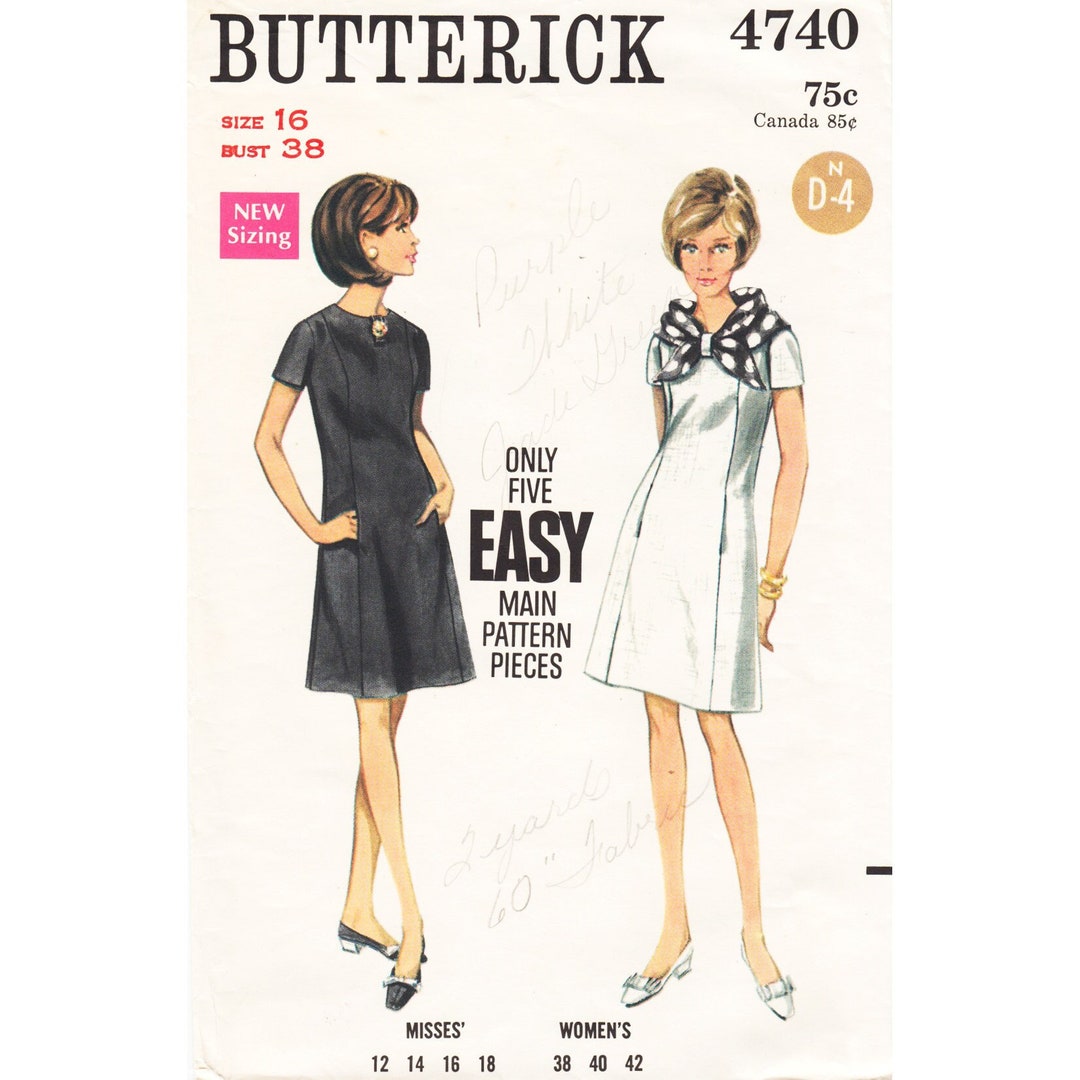 60s A-line Dress Pattern Butterick 4740 Short Sleeve Dress With ...