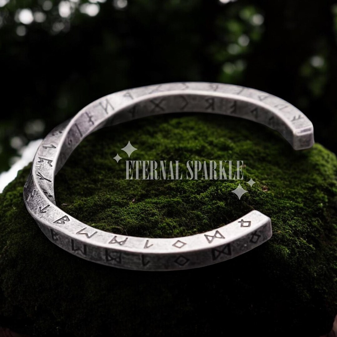 Silver Runic Viking Bangle, Twisted Nordic Runes Cuff Arm Ring, Futhark ...