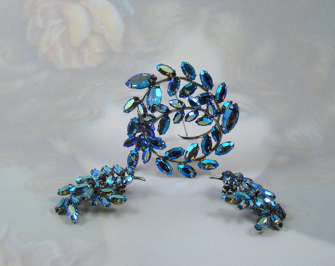 Vintage Signed Sherman Blue Iridescent Brooch With Rare Climber Earring ...