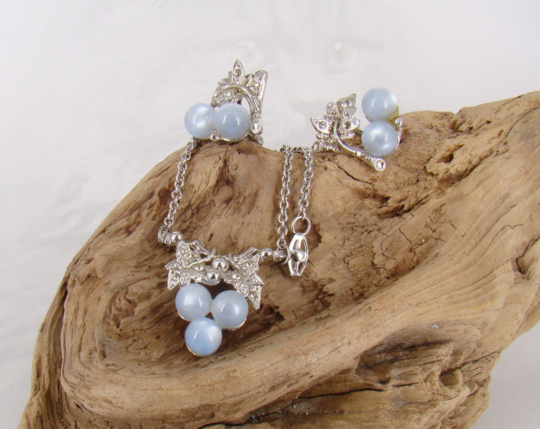 Coro Pale Blue Ball Necklace & Screw on Earring Set Floral - Etsy
