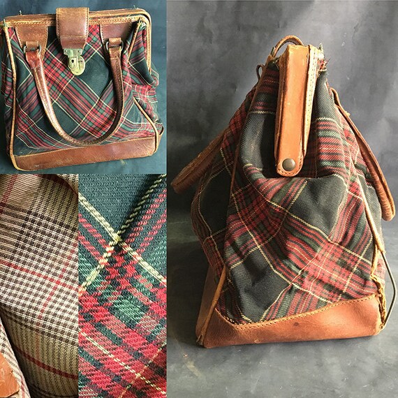 Vintage Plaid Bag Leather Handles - Gem