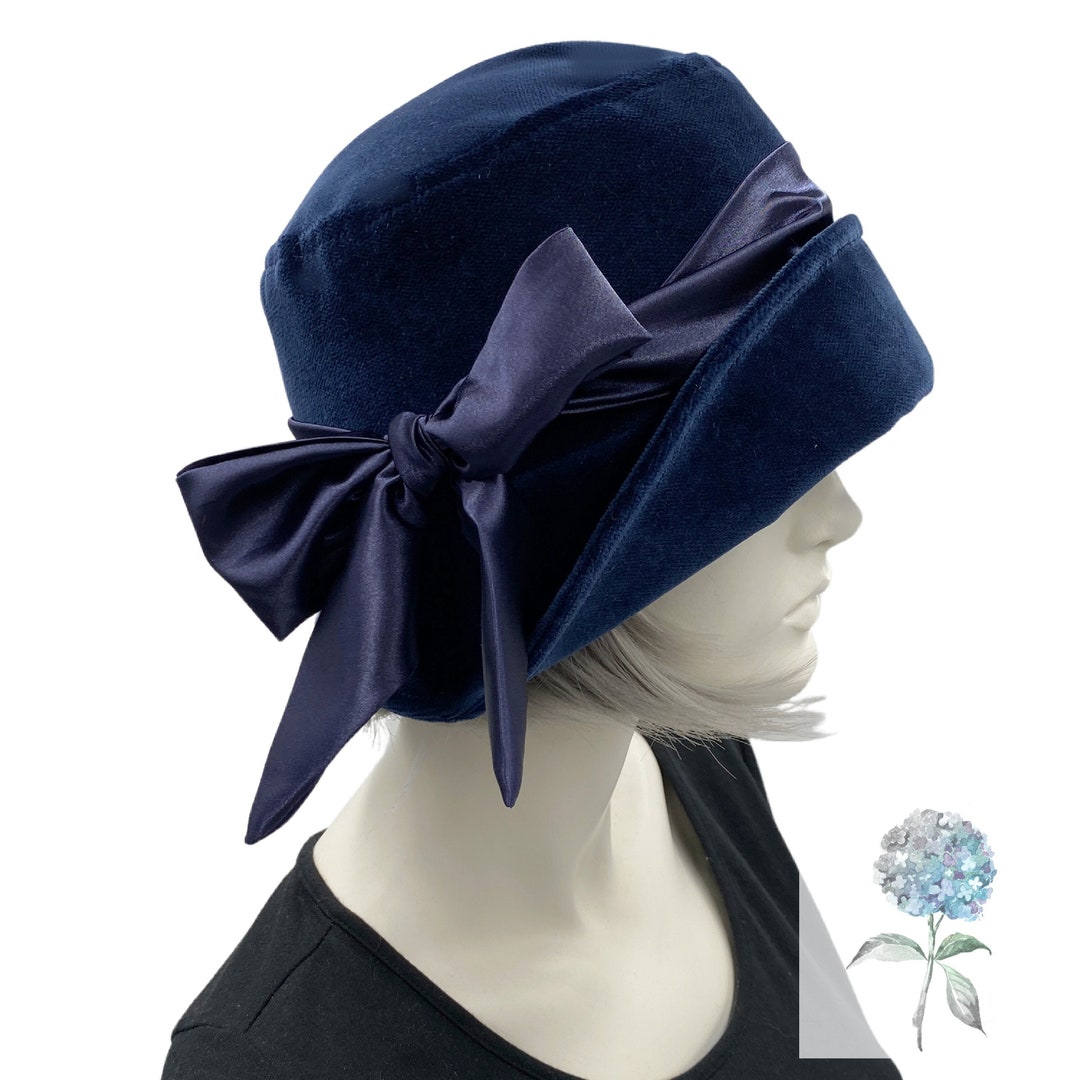 Cloche Hat Women, Navy Blue Velvet Hat With Satin Band and Bow, 1930s ...