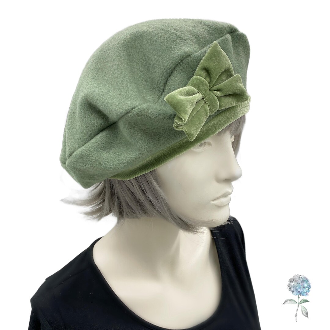 Handmade Sage Green Wool Velvet Beret: Satin Lined Winter Hat - Etsy