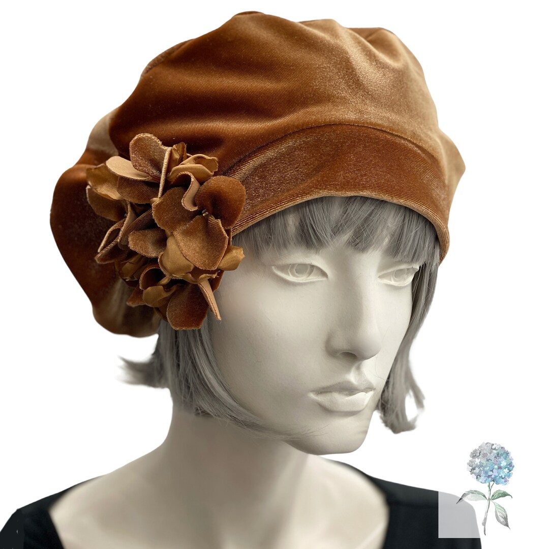 Velvet Beret With Hydrangea Flower Brooch Butterscotch Toffee - Etsy