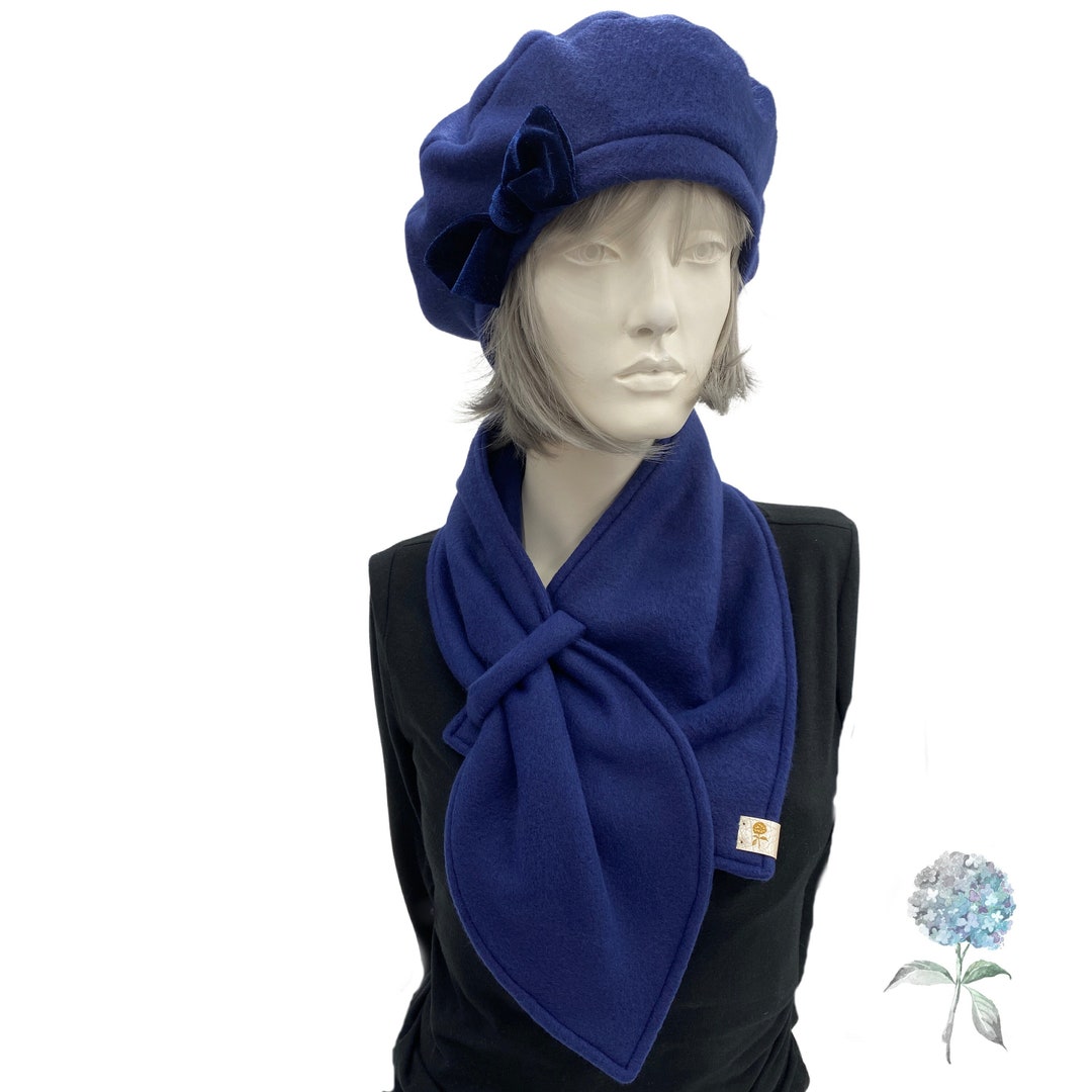 Blue Beret, With Velvet Bow, Neck Warmer Women, Fleece Hat, Satin Lined ...