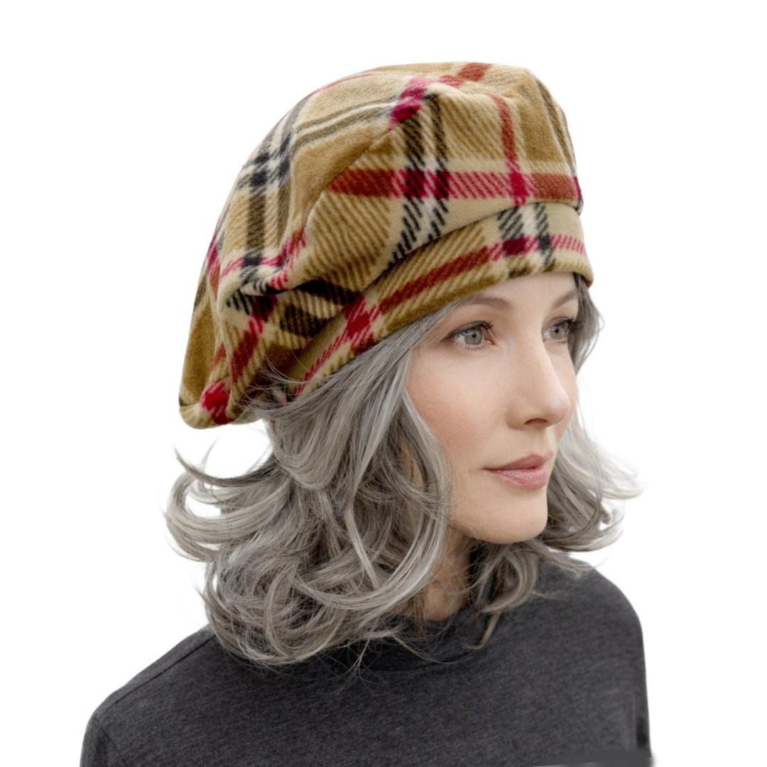 Plaid Fleece Beret for Women– Camel, Black & Red Tartan Springtime Hat ...