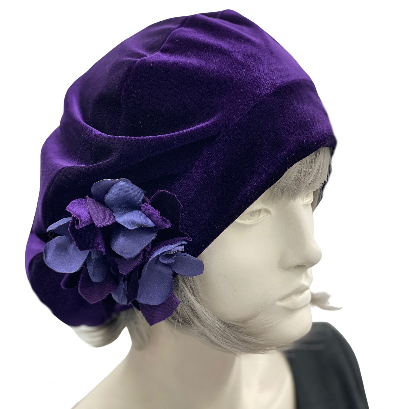 Handmade Satin Lined Velvet Beret Hat With Hydrangea Brooch in Colors ...