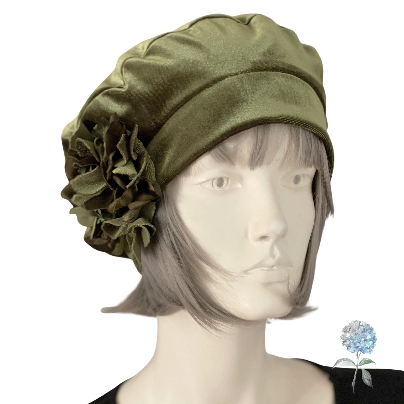 Handmade Satin Lined Velvet Beret Hat With Hydrangea Brooch in Colors ...