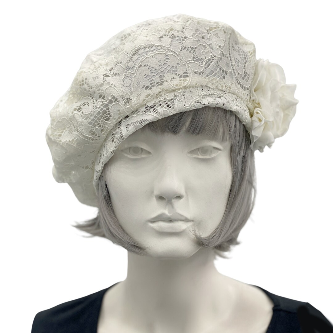 Summer Beret, Satin Lined, Cream Lace Hat With Chiffon Rose, Church Hat ...