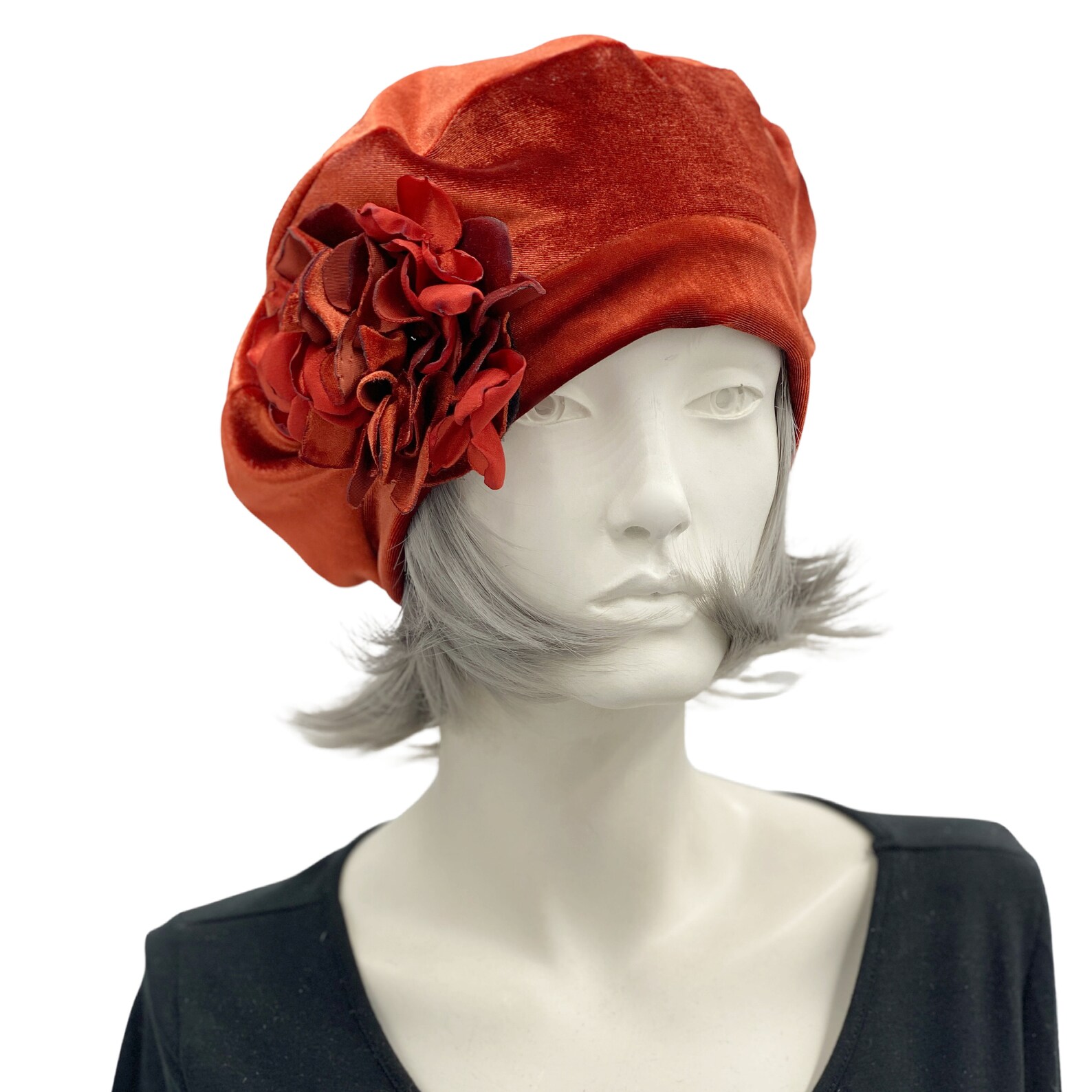 Handmade Satin Lined Velvet Beret Hat With Hydrangea Brooch in Colors ...
