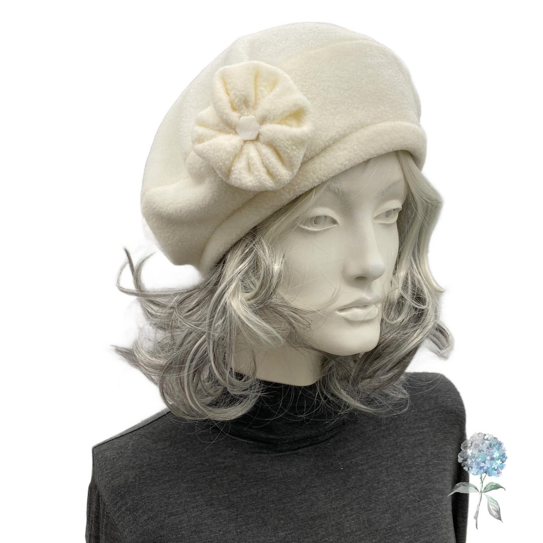 Cream Fleece Beret for Women, Satin Lined Winter Hat, Handmade in the ...