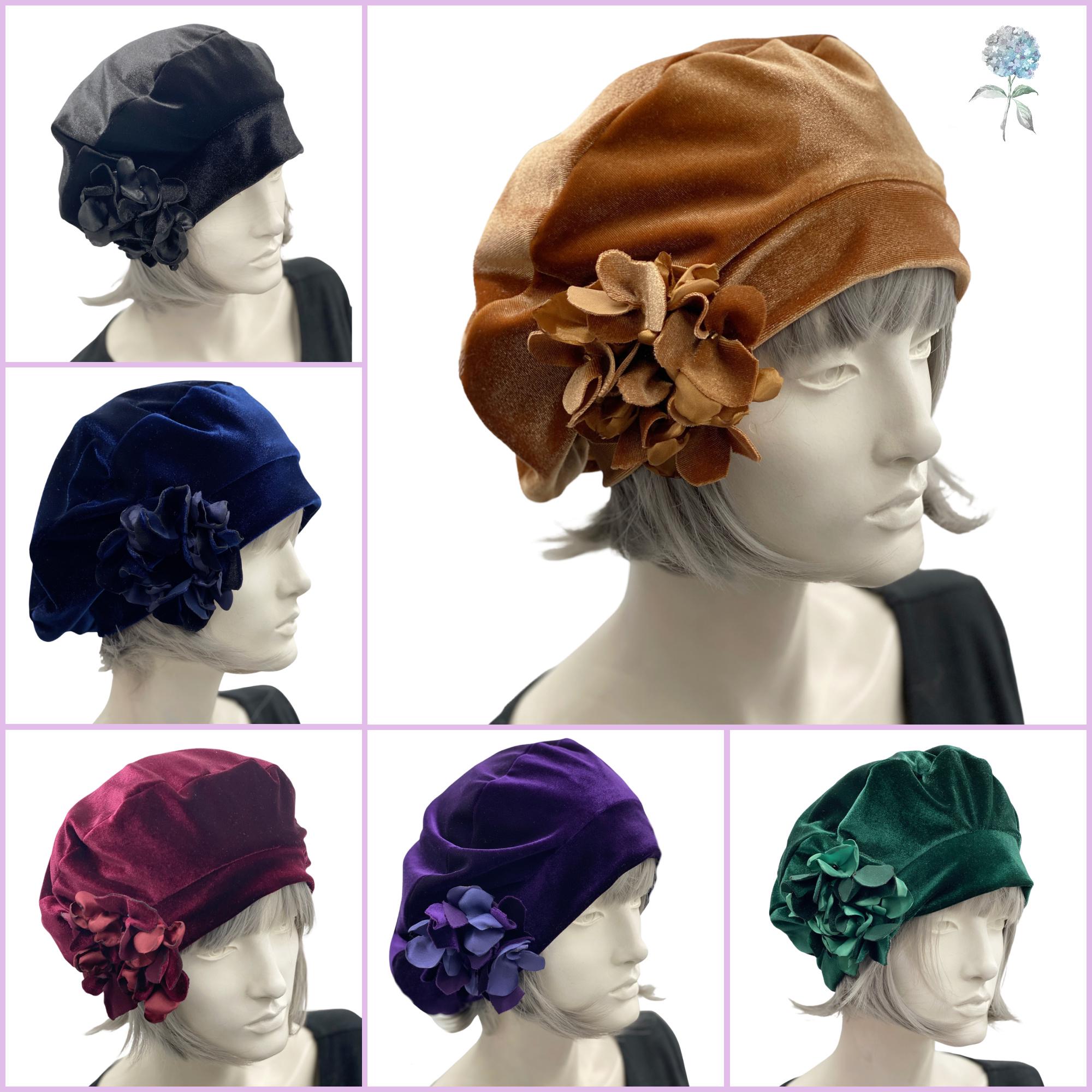 Handmade Satin Lined Velvet Beret Hat With Hydrangea Brooch in Colors ...