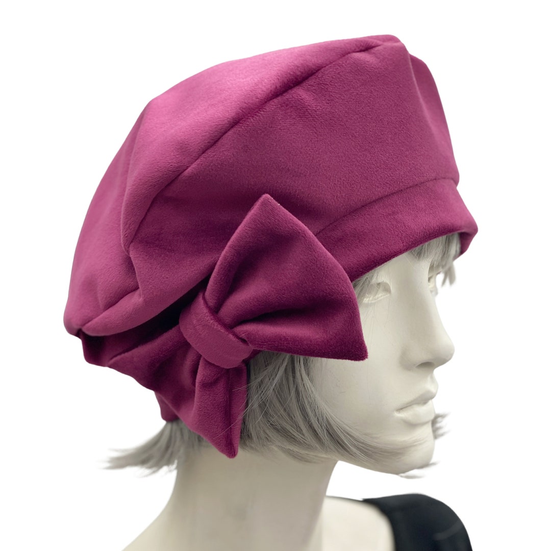 Raspberry Beret Velvet Beret With Bow Satin Lined Winter - Etsy