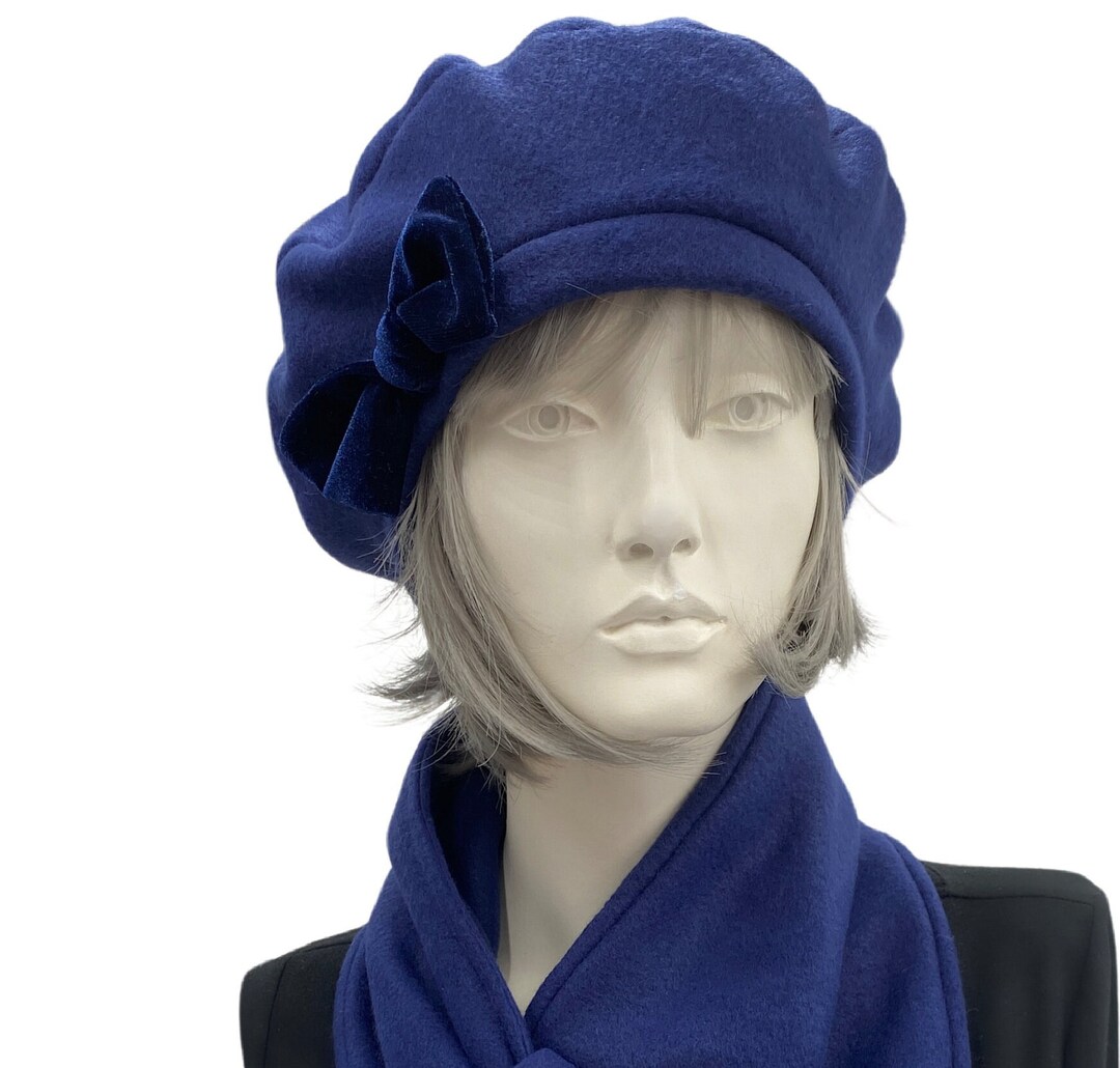 Satin Lined Navy Blue Fleece Beret With Velvet Bow, Ready to Ship Size ...