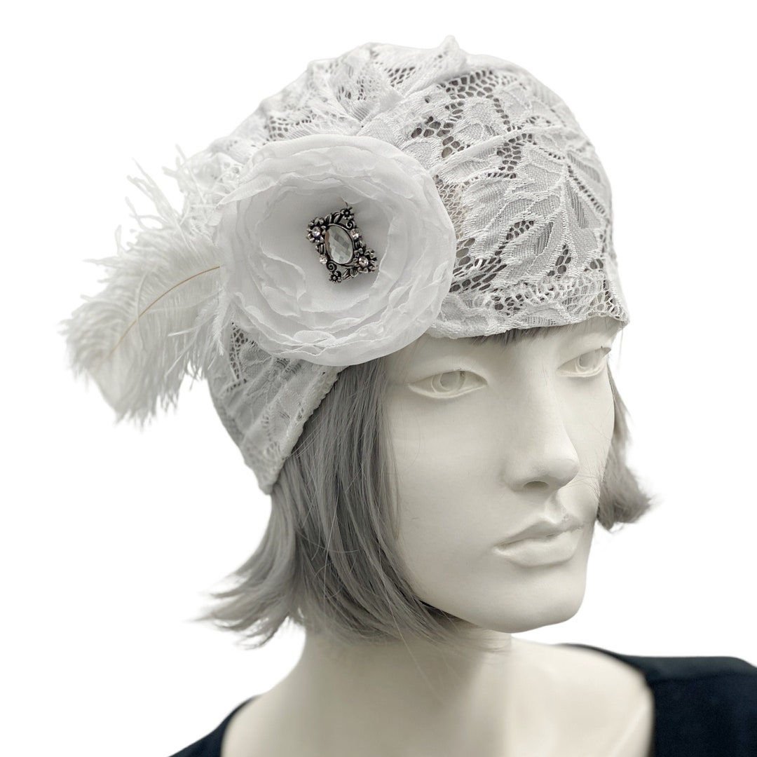 1940s Style Handmade Lace Turban With Feather and Chiffon Flower for ...