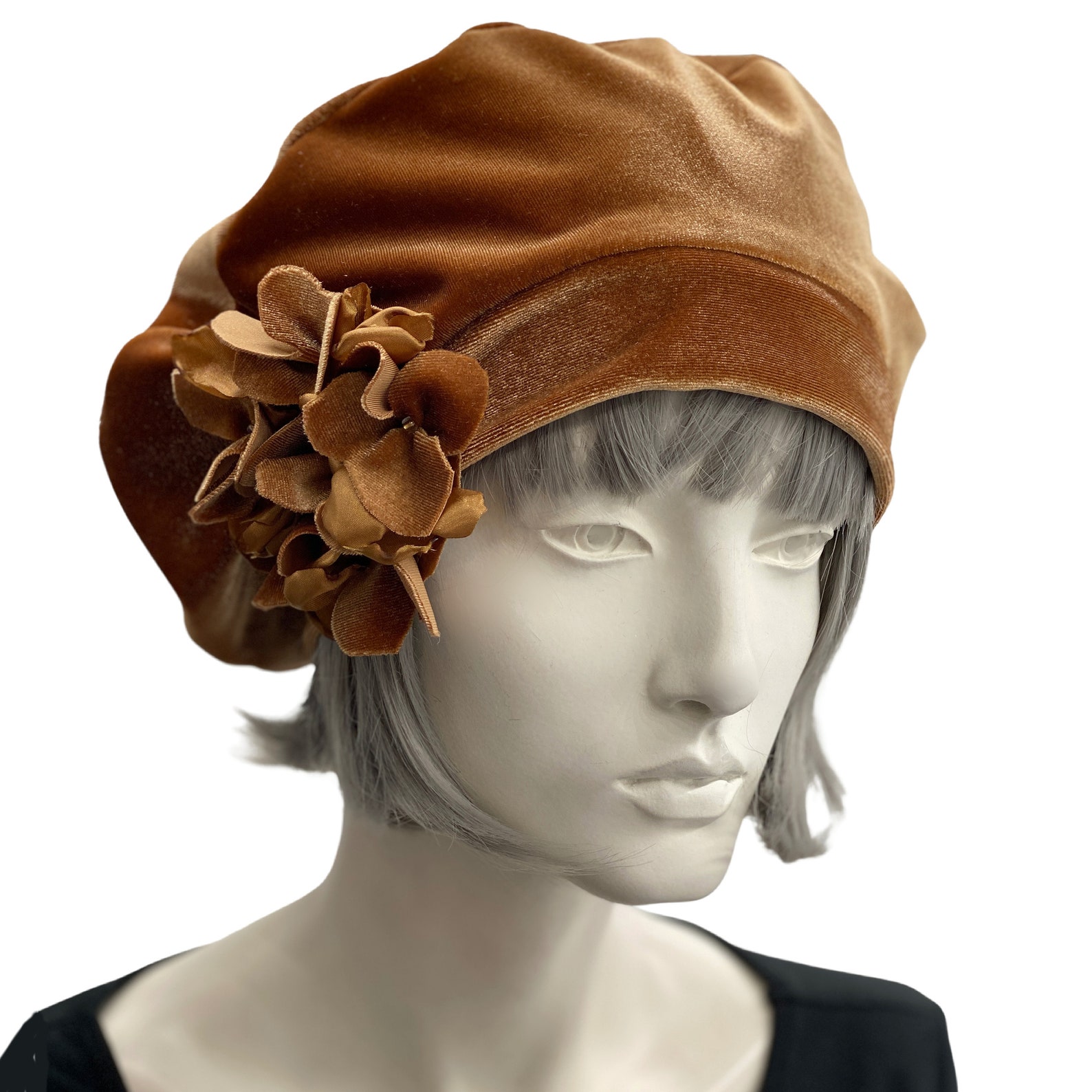 Handmade Satin Lined Velvet Beret Hat With Hydrangea Brooch in Colors ...