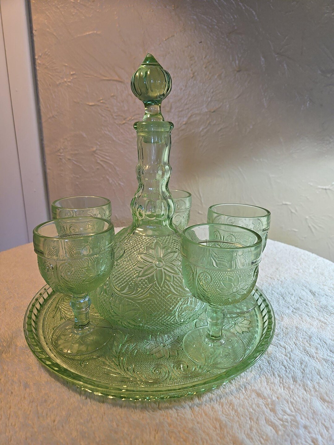 Indianna Glass Tiara Chantilly Green Decanter Set Including Glass Plate ...