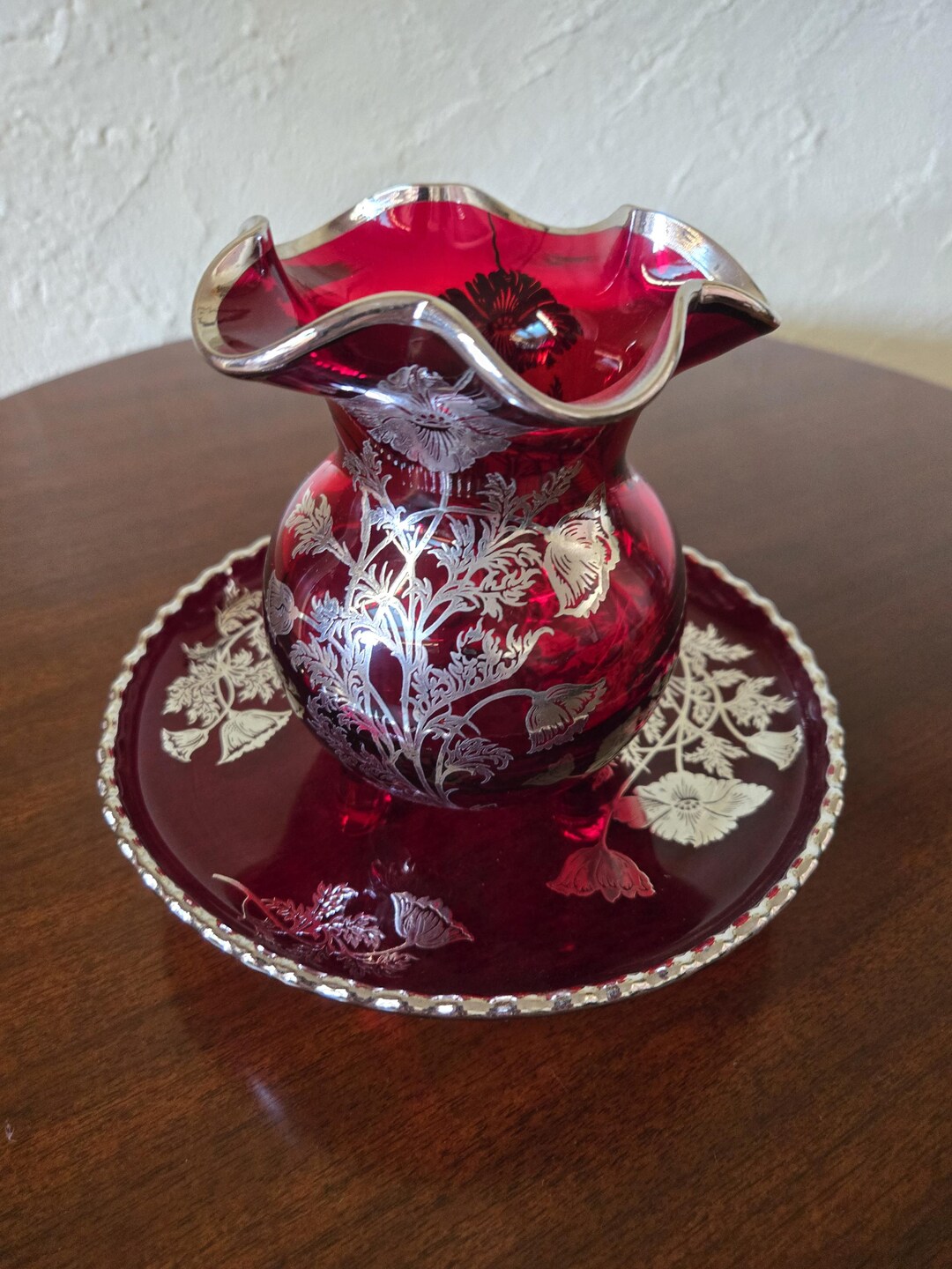 Vintage Ruffled Ruby Red Glass Vase With Sterling Silver Inlay and 3 ...