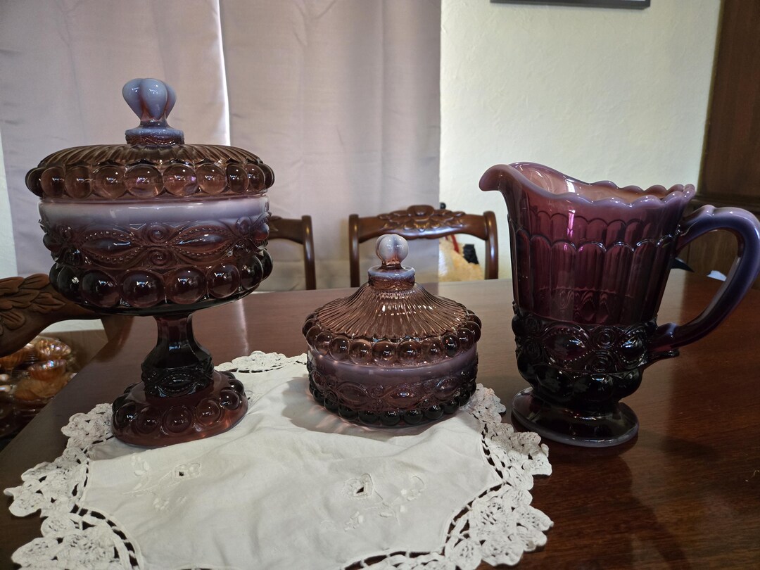 RARE Vintage Set of Opalescent Plum Moser Eye Winker Compote Dish With ...