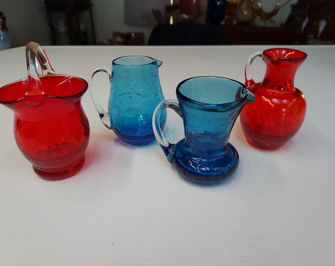 Set of 4 Blenko & Pilgrim Crackle Glass Pitchers and Basket - Etsy