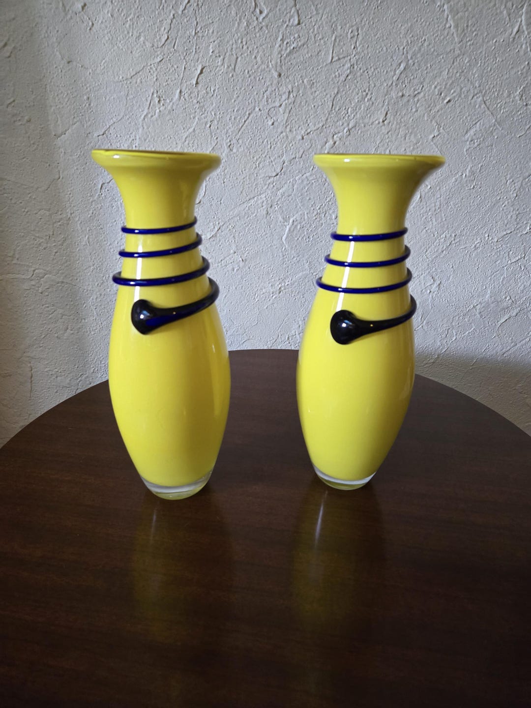 Set of 2 MCM Swedish Encased Glass Art Vases Yellow With Purple Swirl ...