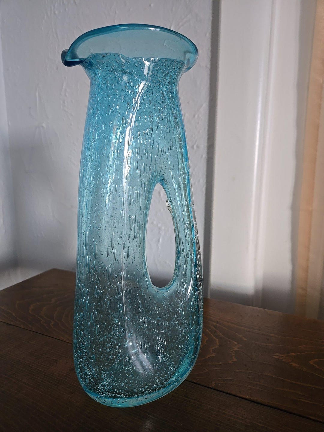 Vintage Aqua Blue Bubble Glass Pitcher With Doughnut Hole Made in ...
