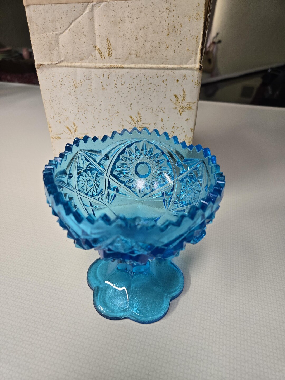 Vintage Wheaton Blue Glass Pedestal Compote Dish With Saw Tooth Edges ...