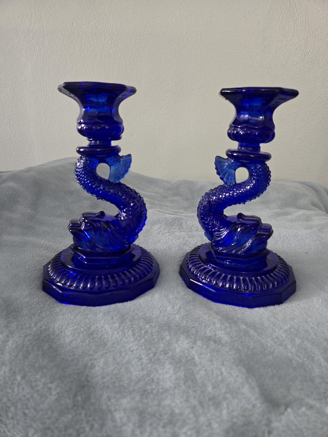 Pair of Mosier Cobalt Blue Glass Koi Dragon Candlestick Holders Made in ...