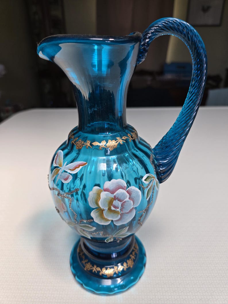 Fenton Turquois Hand Painted Heart Shaped Glass Pitcher With Twisted ...
