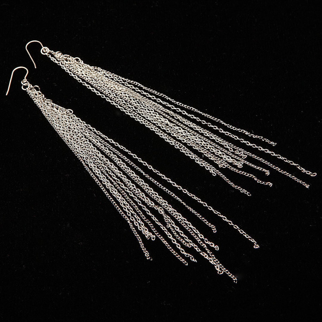 Long Dangling Chain Earrings in Silver on Nickel Free Silver French Ear ...