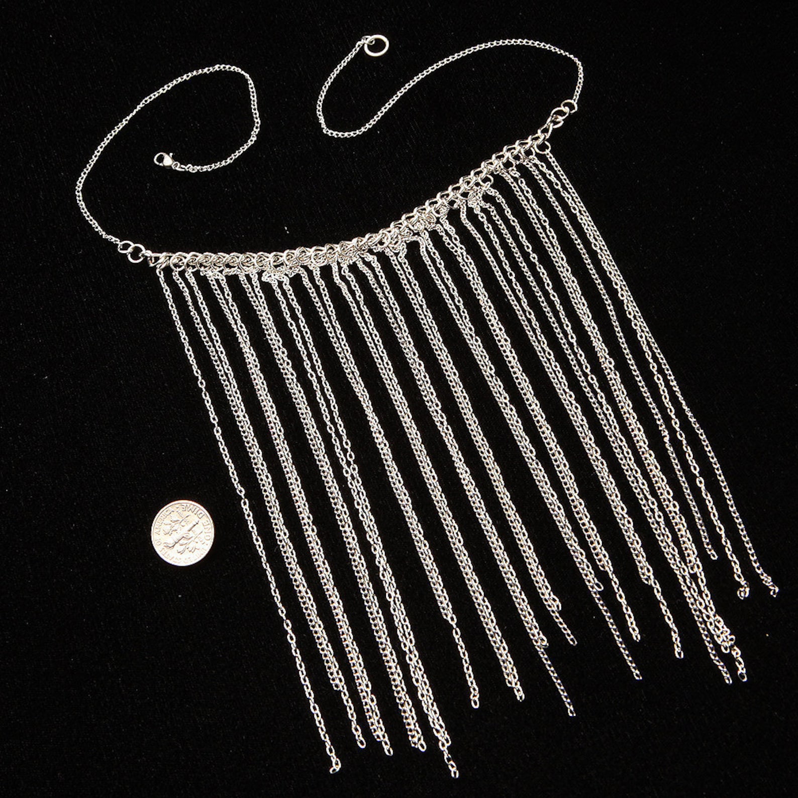 Long Silver Chain Fringe Choker Necklace Made With Two Different Chain ...