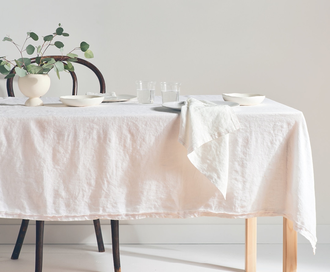 Delicious Off-white Linen Tablecloth - Pink Stitching - Etsy